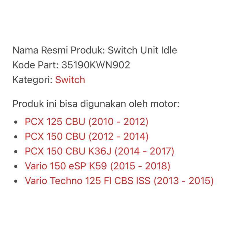 Jual Tombol Idling Switch Unit Idle Pcx150 Vario150 Vario125 Fi 35190 ...
