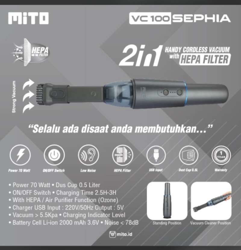 Promo Mito Sephia Vc 100 Vc-100 Vc 100 2 In 1 Handy Cordless Vacuum Cleaner - Multicolor Hitam ...