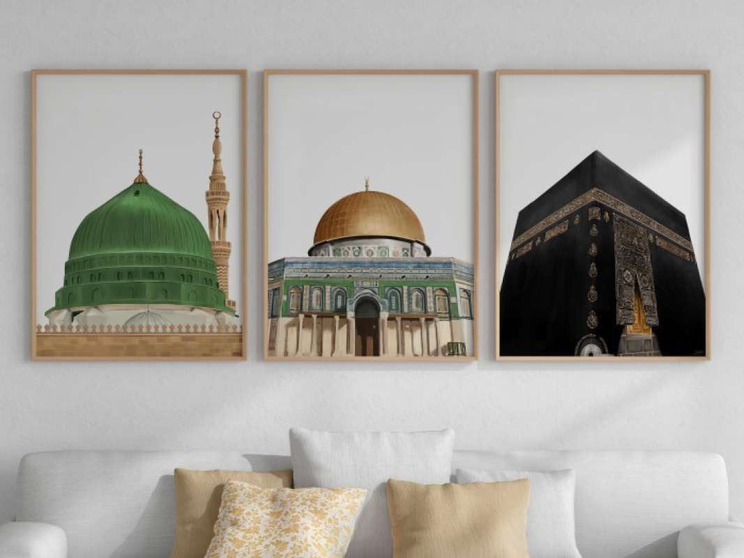 Promo 1 Set Poster Landmarks Islam Kabah Al Aqsa Nabawi Frame Kayu ...