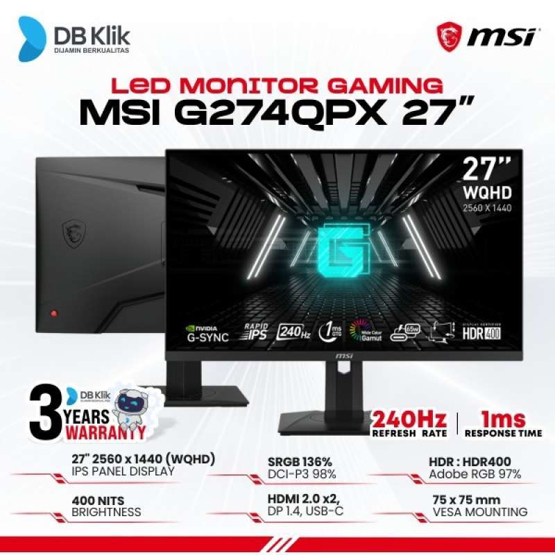 Jual Led Monitor Gaming Msi G274qpx 27 Ips Qhd 240hz 1ms Hdmi Dp Usb C ...