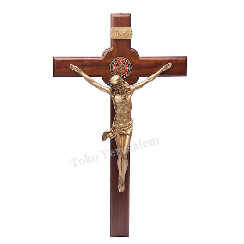 Promo Salib Dinding Kayu Jati Benediktus Corpus Gold 80 Cm Promo Diskon ...