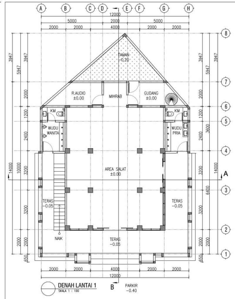 Jual Gambar Kerja Desain Masjid Ukuran 12x14meter | Masjid 2 Lantai ...