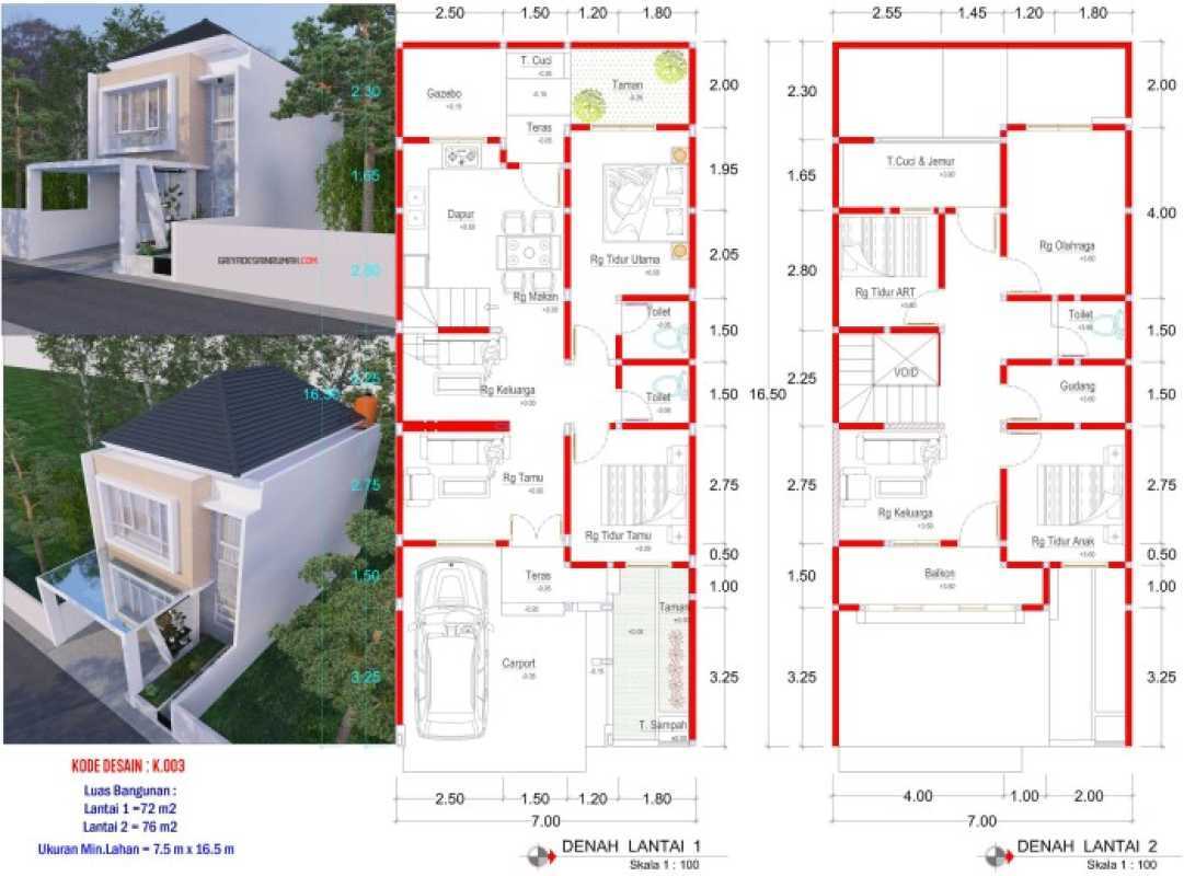 Jual Desain Rumah Minimalis 2 Lantai Lebar 7.5 Meter 4 Kamar Tidur Di Seller Owl Store ...