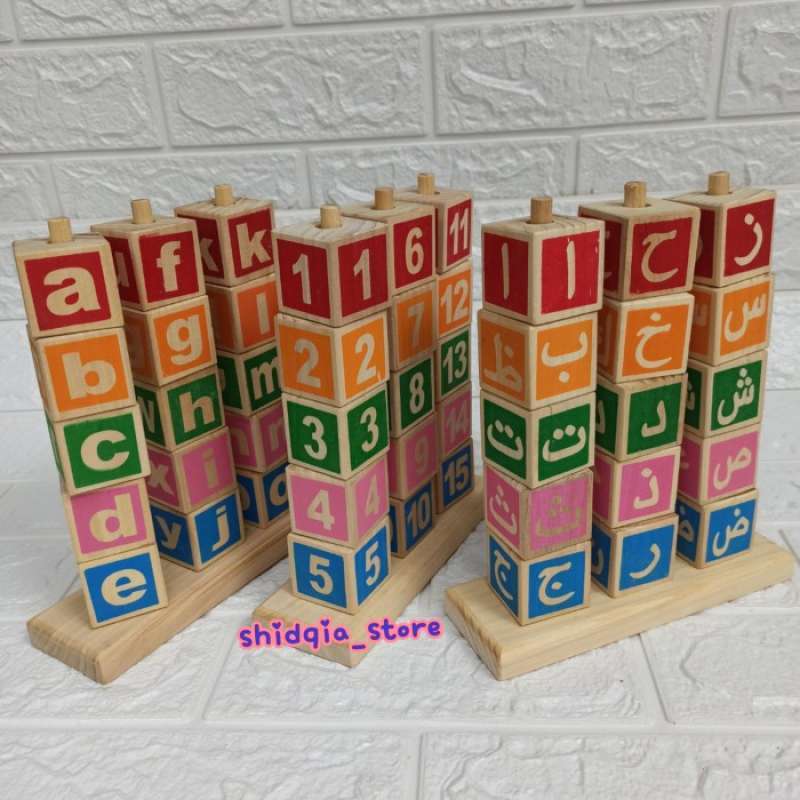 Jual Mainan Kayu Edukasi Balok Susun Pinus Huruf, Angka Dan Hijaiyah ...