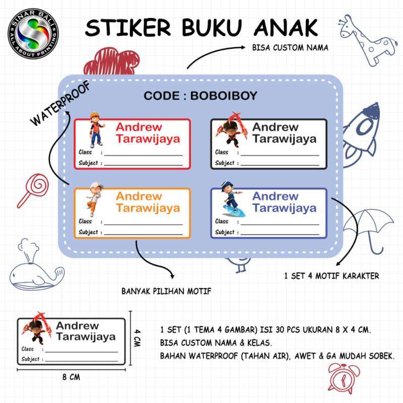 Jual (boy) Stiker Nama Buku / Stiker Custom Nama Buku Sekolah Anak Di ...