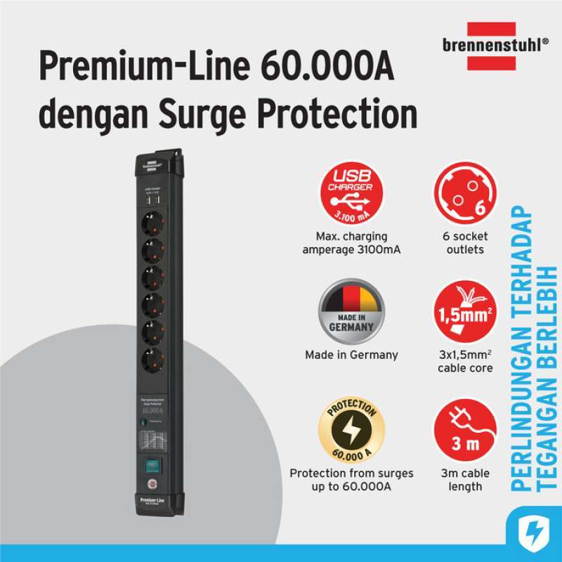 Jual Premium-line Power Strip 6way With Surge Protection 60000 A ...