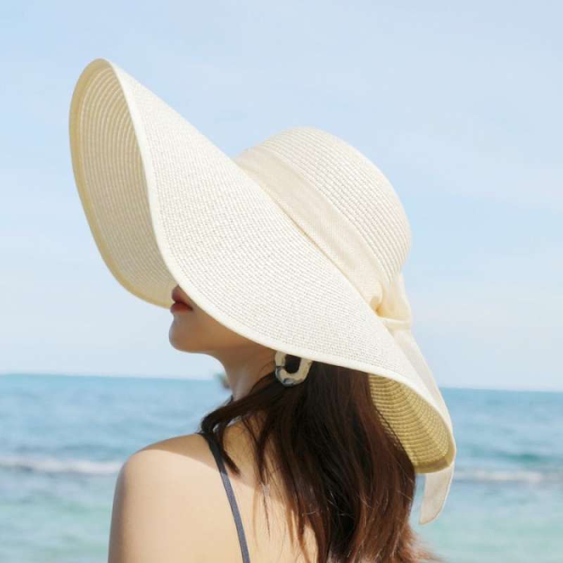 Jual Topi Pantai Lipat Lebar Paper Pita Tebal Wanita Korea Import/straw Hat - Putih Tulang Di ...