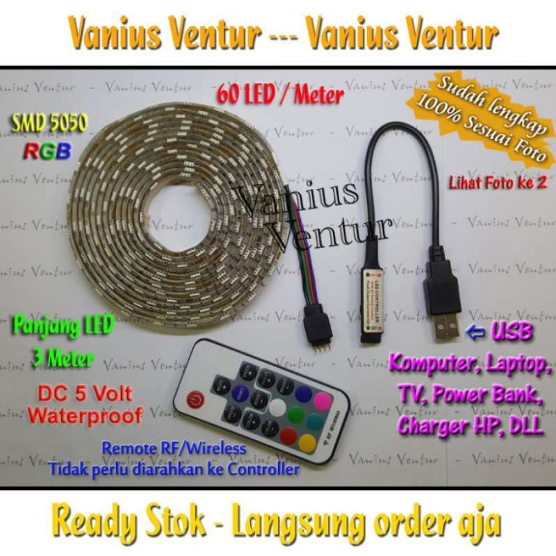 Promo Led Strip Rgb Dc 5v Usb Panjang 3 Meter Plus Remote Rf/wireless ...