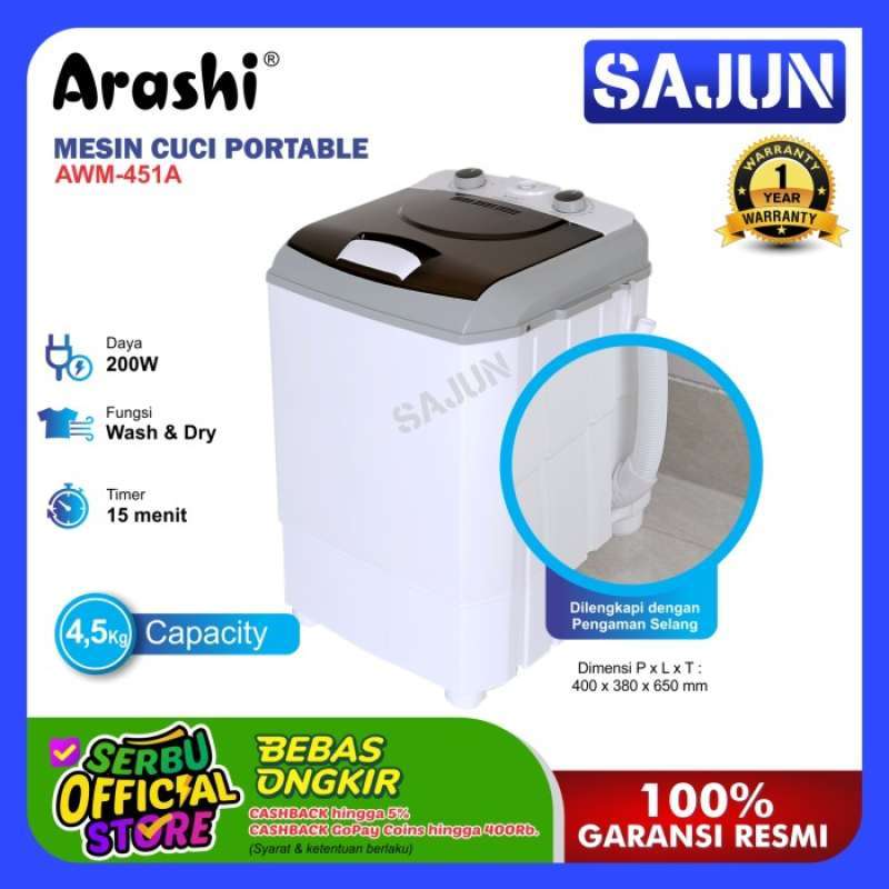 Jual Arashi Portable Washing Machine Awm451a Mesin Cuci Mini 4,5 Kg Di ...