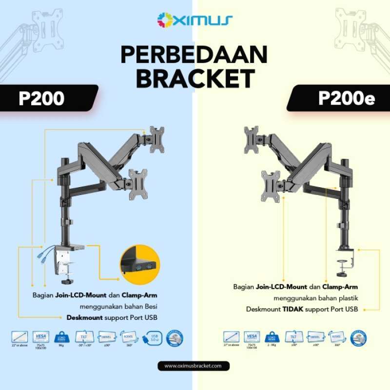 Promo Bracket Monitor Gas Spring Oximus P200 Tilt Swivel Rotate Usb 3.0 ...