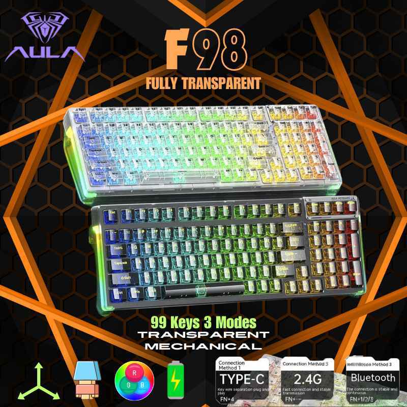 Promo Keyboard Gaming Aula F98 Fully Transparent With 3 Mode Connection ...