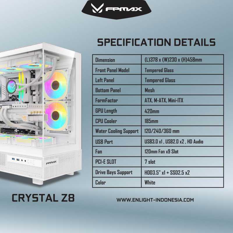 Jual Casing Pc Gaming Fpmax Crystal Z8 White L Gaming Case Atx, Matx ...