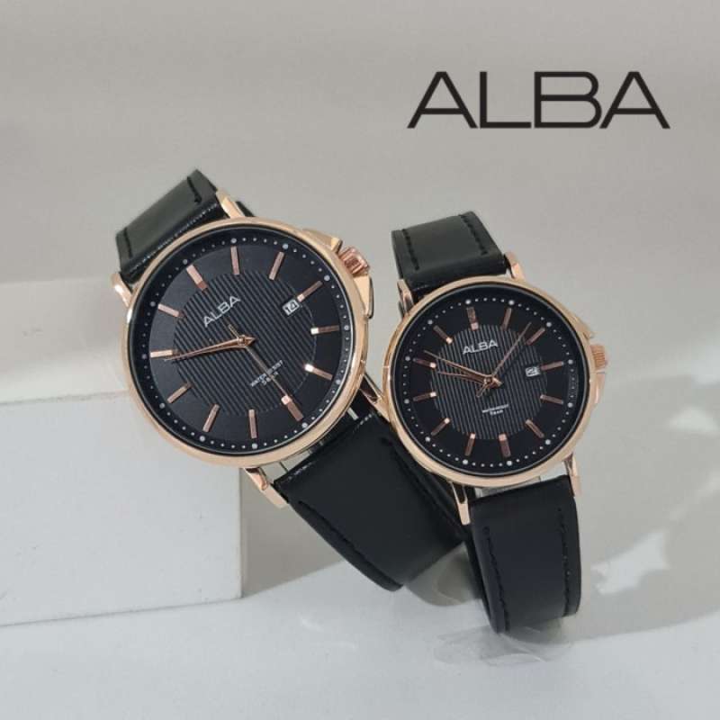 Jual Jam Tangan Couple Alba Tali Kulit Finishing Halus - Hitam Gold Di ...