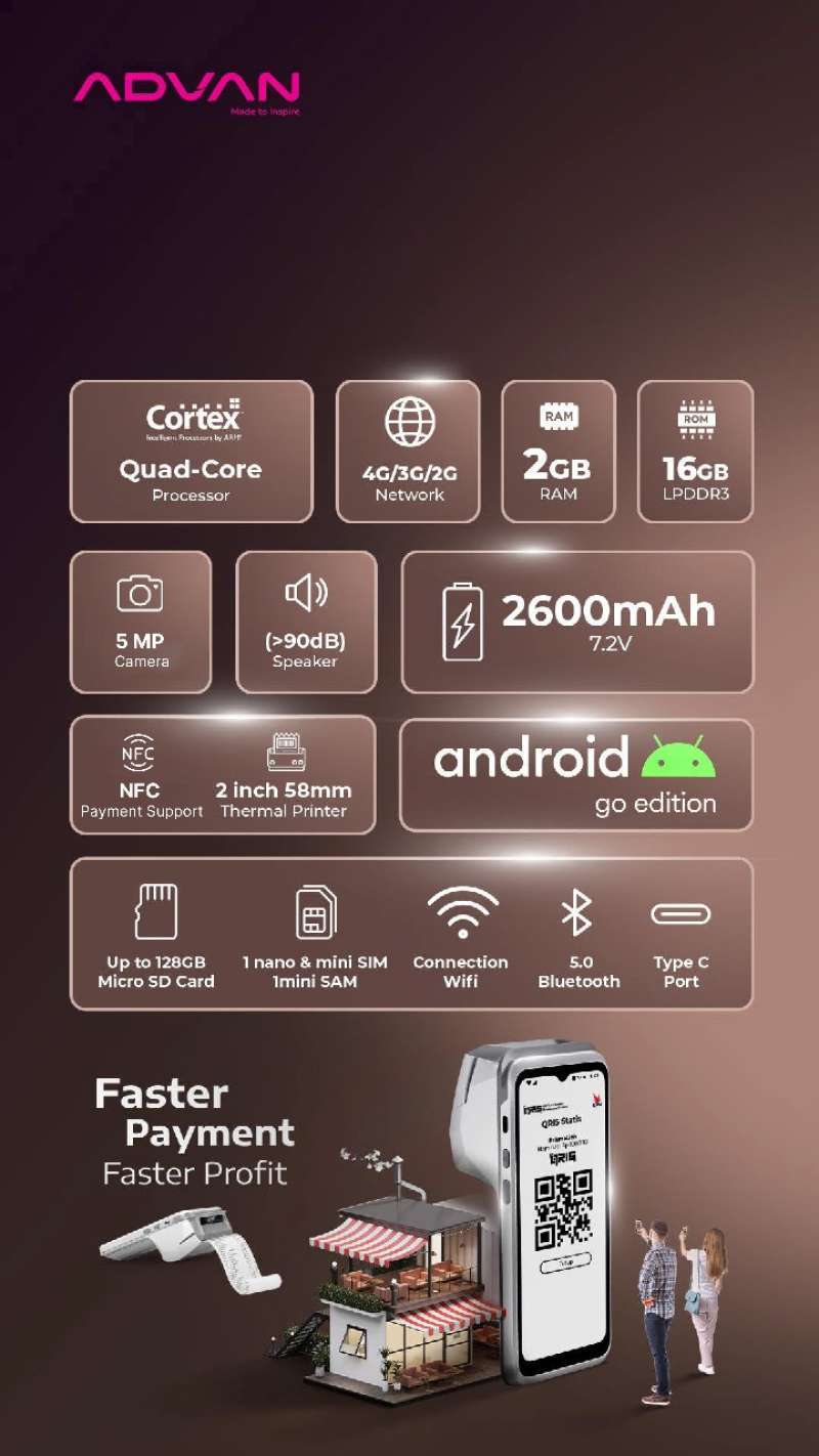 Jual Advan Harvard O11 Smart Mobile Pos Printer Cashier Android 4g Lte ...