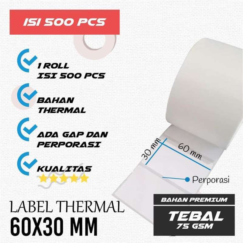 Promo Kertas Thermal Sticker 60x30 Mm Isi 1000 Pcs/roll Kertas Tempel ...