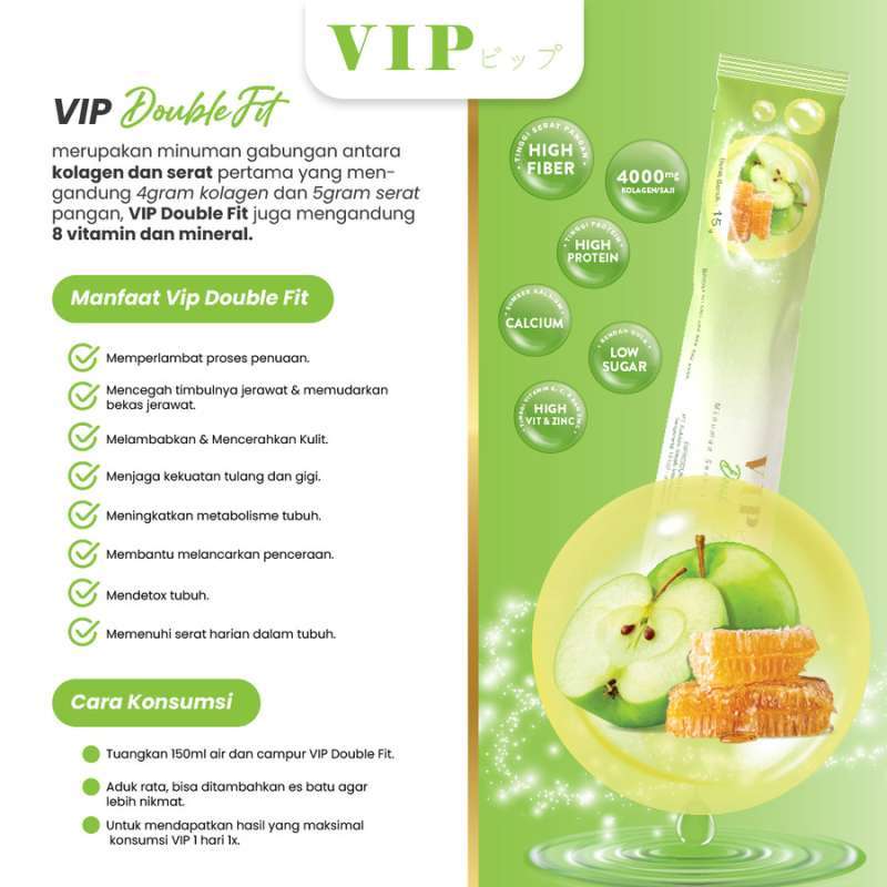 Promo VIP Collagen Double Fit Green Apple Minuman Kolagen 1 Box isi 15 ...