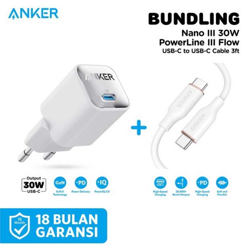 Promo BUNDLING Anker Nano III 30W - A2147 +PowerLine III Flow C toC A8552 - Putih Diskon 2% di ...