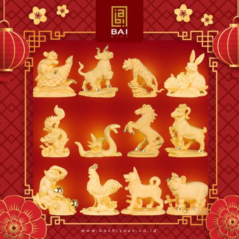 Promo 1 Set Pajangan 12 Shio Lapis Emas 24K Patung 12 Shio Chinese ...