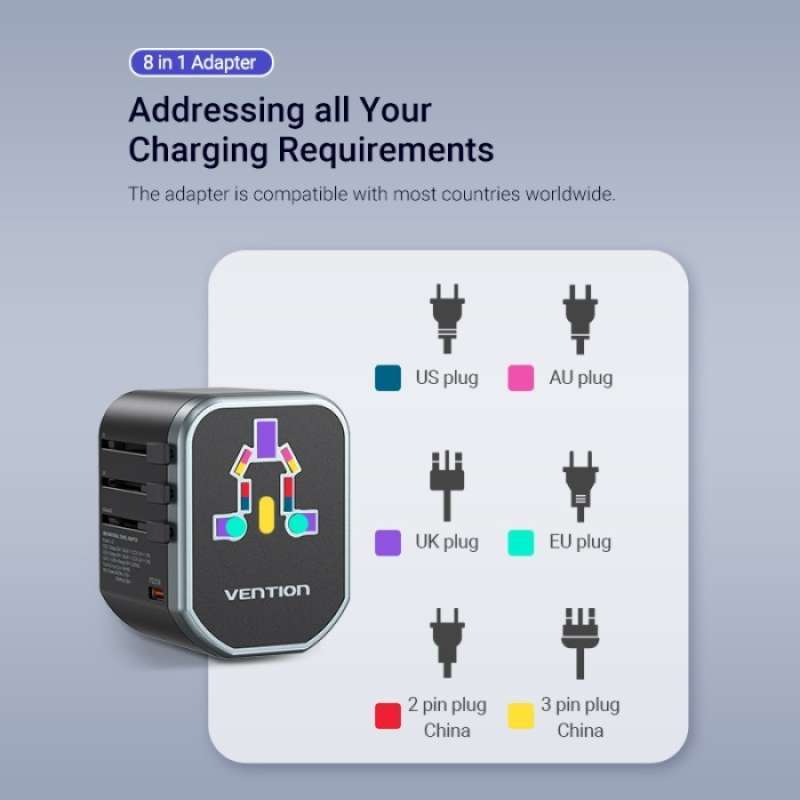 Promo Sale Vention 3 Port Usb-A Usb-C Travel Adapter Fast Charging 20W ...
