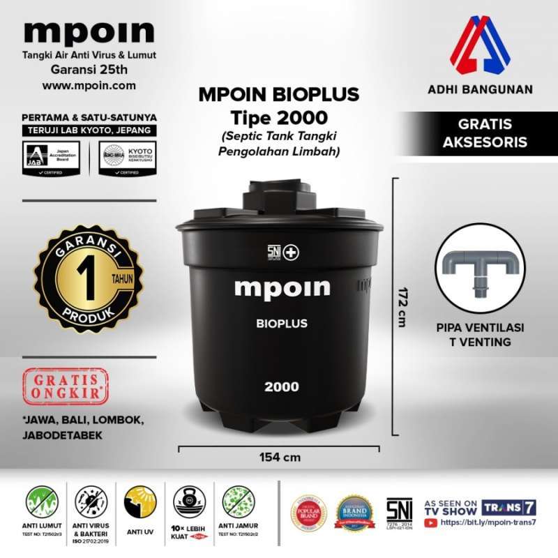 Jual Septic Tank MPOIN Bioplus 2000 L Anti Lumut Garansi 25 Tahun di ...