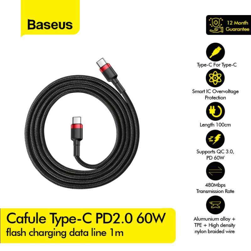 Jual Baseus Cafule 1M 2M QC 3.0 PD 60W USB Type C to C Kabel Data Charger - 2m Gray-Black di ...