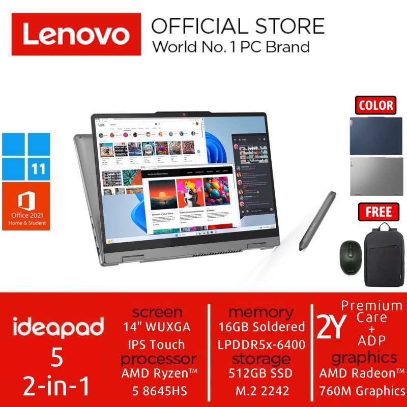 Promo Lenovo Ip5 2in1 0aid 0bid Laptop 2in1 [r5 8645hs/16gb/512gb Ssd/14touch/win 11 Home + Ohs ...