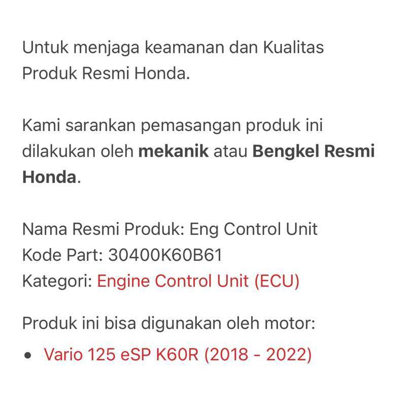 Jual Ecu Engine Control Unit Vario125 Esp Iss 2018-2022 30400-k60-b61 Honda Ahm Di Seller ...