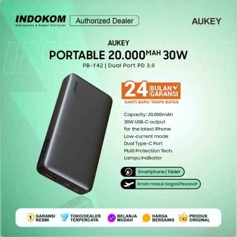 Promo Aukey Pb-y42 Powerbank 20000mah Usb-c 30w Pd 3.0 Slim - Diskon 50 ...