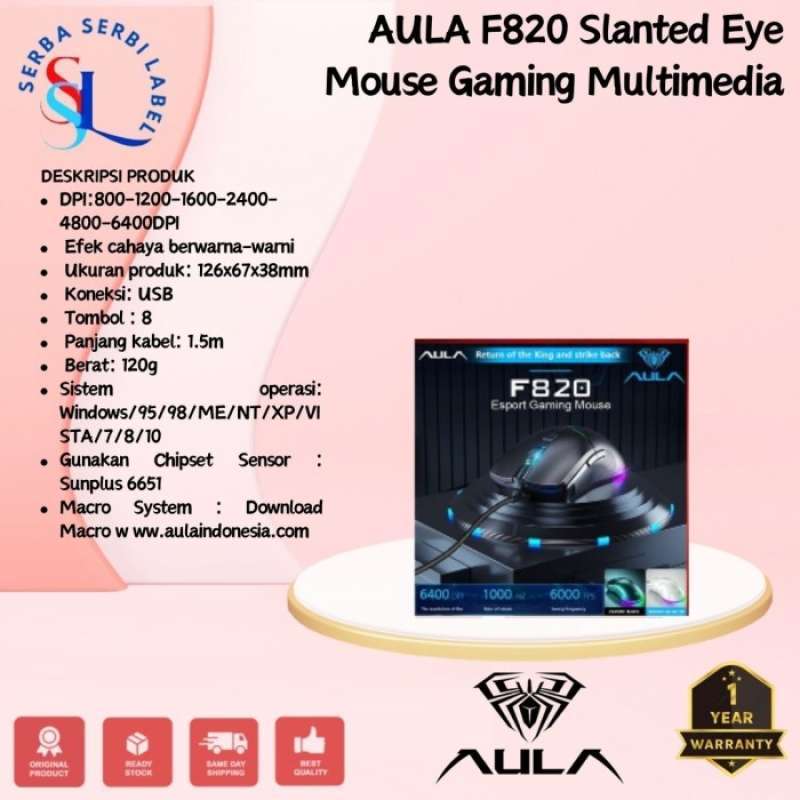 Promo 100 Produk Ori Mouse Gaming Aula F820 Slanted Eye 6400dpi 6gear