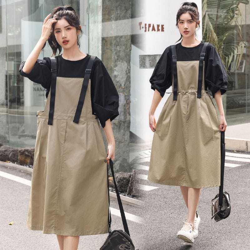 Jual Midi Dress Overall Coksu Tali Serut Inner Lengan Lampion Korean ...