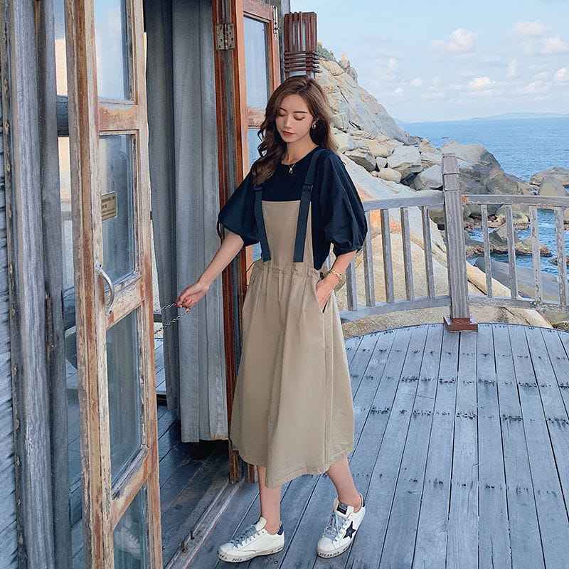 Jual Midi Dress Overall Coksu Tali Serut Inner Lengan Lampion Korean ...