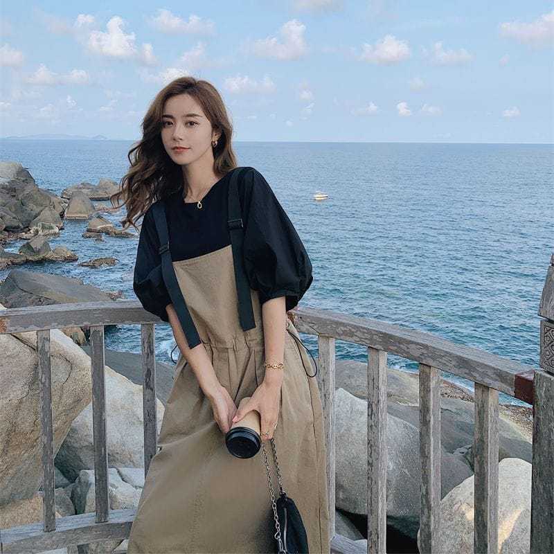 Jual Midi Dress Overall Coksu Tali Serut Inner Lengan Lampion Korean ...