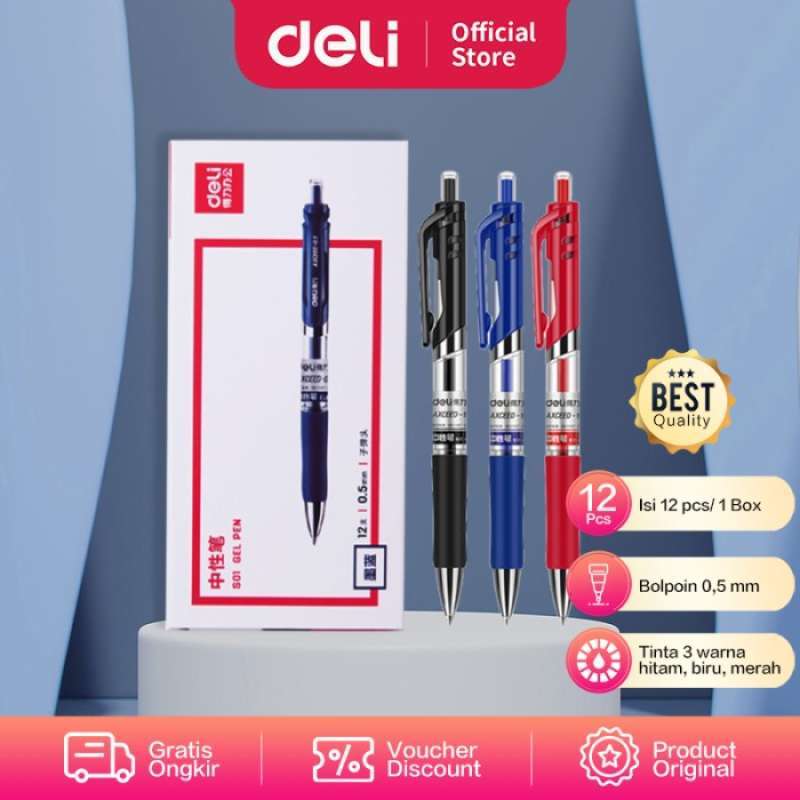 Jual Deli Gel Pen / Pulpen Gel Retracable 0.5mm Isi 12pcs/box S01 - Merah Di Seller Velvet Store ...