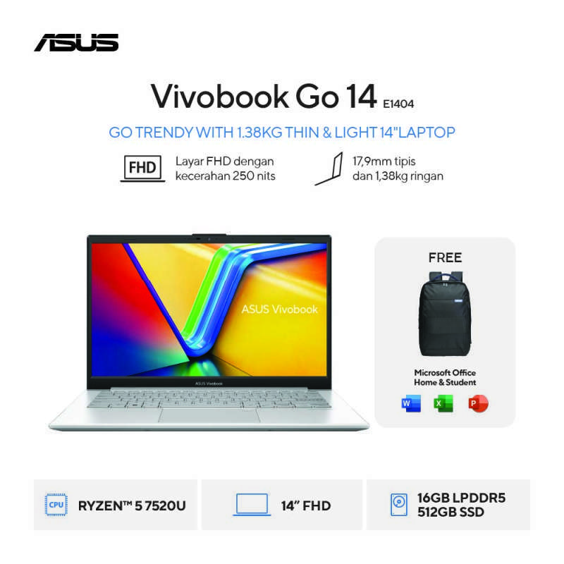 Jual Asus Vivobook Go E1404fa-vips554, Amd R5-7520u/16gb/512gb/w11+ohs/coolsilver/14 Fhd ...
