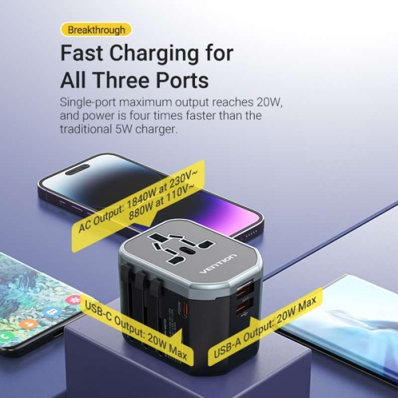 Promo Vention Port Usb A Usb Type C Universal Travel Adapter Fast Charging Diskon Diskon