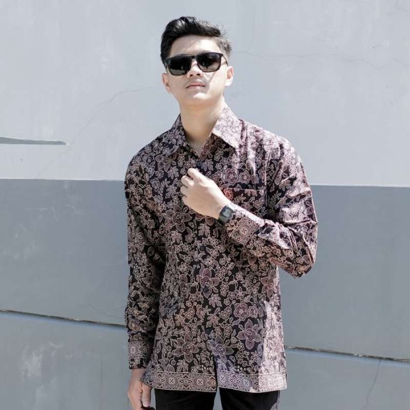 Jual Batik Trusmi Kemeja Pria Lengan Panjang Balian Encim Bunga Coklat ...