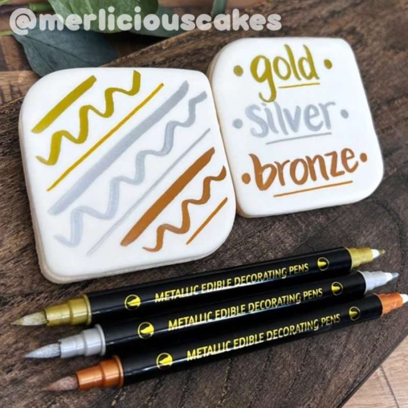 Promo Gold Silver Bronze Metallic Edible Pen Set Cookie Couture Dual ...