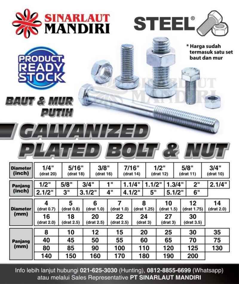 Jual Baut Mur Putih / Bmp / Galvanized Plated Bolt & Nut M 16 X 150 Di ...