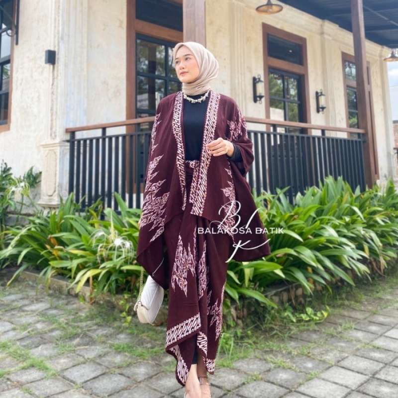 Jual Outfit Kondangan Simpel One Set Batik Outer Rok Lilit Kimono ...