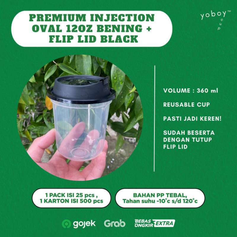 Jual Cup Premium Inject Oval 12oz Bening + Tutup Flip Lid Isi 1 Pack ...