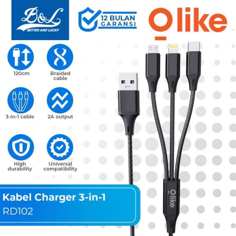 Promo Olike Rd012 Kabel Charger 3-in-1 2a Usb To Micro Type-c Lightning ...