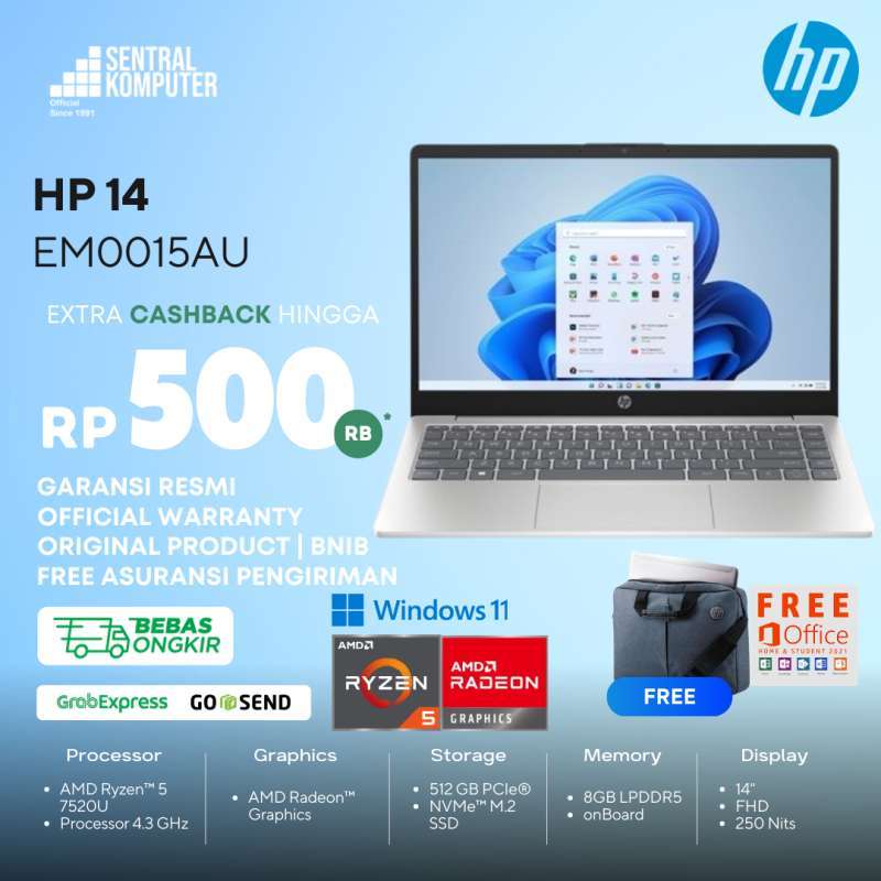 Jual HP 14 em0015AU/em0016AU Ryzen 5 7520U 8GB 512GB Win 11 OHS di ...