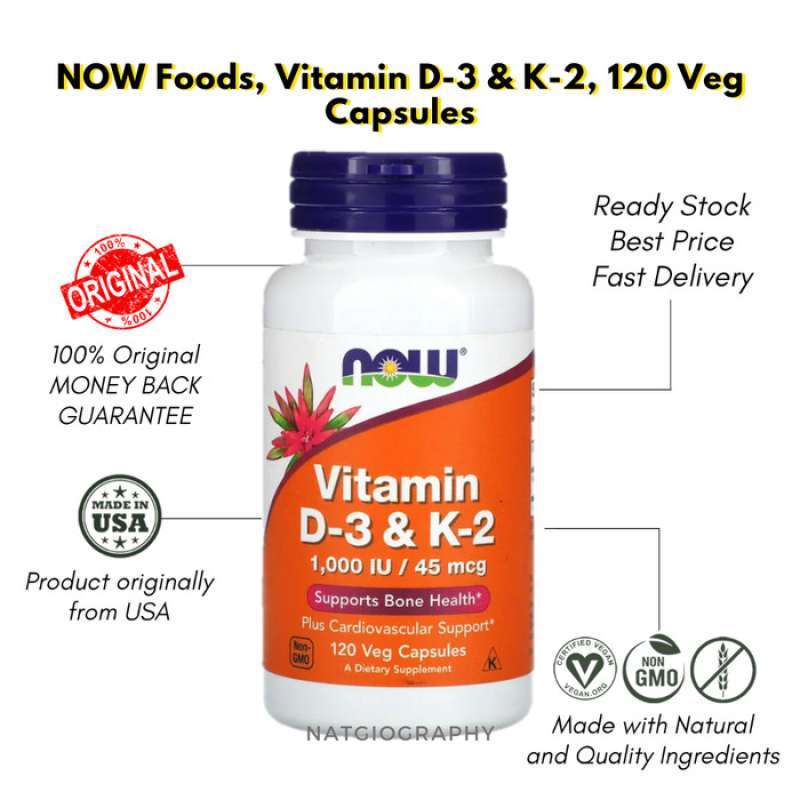 Promo NOW Foods Vitamin D-3 K-2 D3 K2 1000 iu 45 mcg 120 Veg Capsules ...
