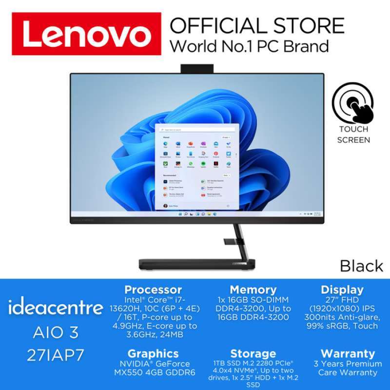 Jual Lenovo Ideacentre Aio 3 27iap7 Touch Core I7 Gen13h 16gb 1gbssd Mx550 - L2id - Black Di ...