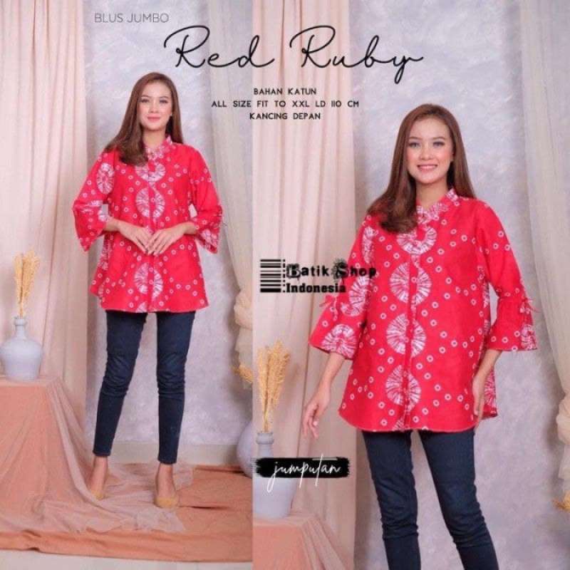 Promo Blus Red Ruby Jumbo Batik Merah Cerah Atasan Kerja Rapat Kantor ...