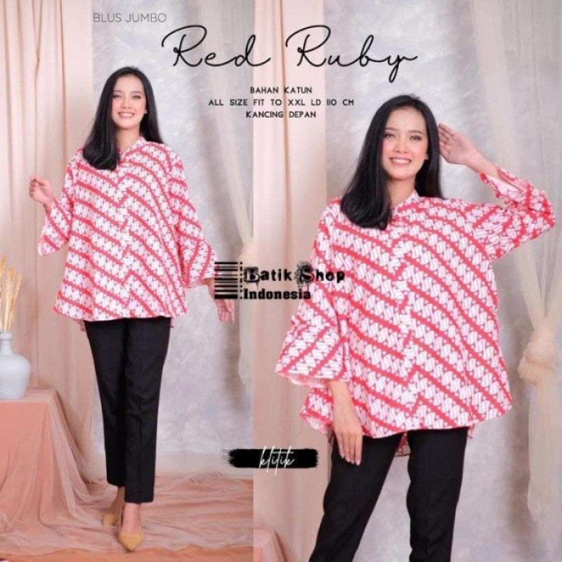 Promo Blus Red Ruby Jumbo Batik Merah Cerah Atasan Kerja Rapat Kantor ...