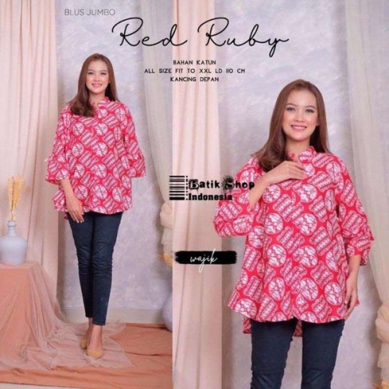 Promo Blus Red Ruby Jumbo Batik Merah Cerah Atasan Kerja Rapat Kantor ...