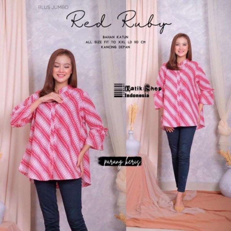 Promo Blus Red Ruby Jumbo Batik Merah Cerah Atasan Kerja Rapat Kantor ...