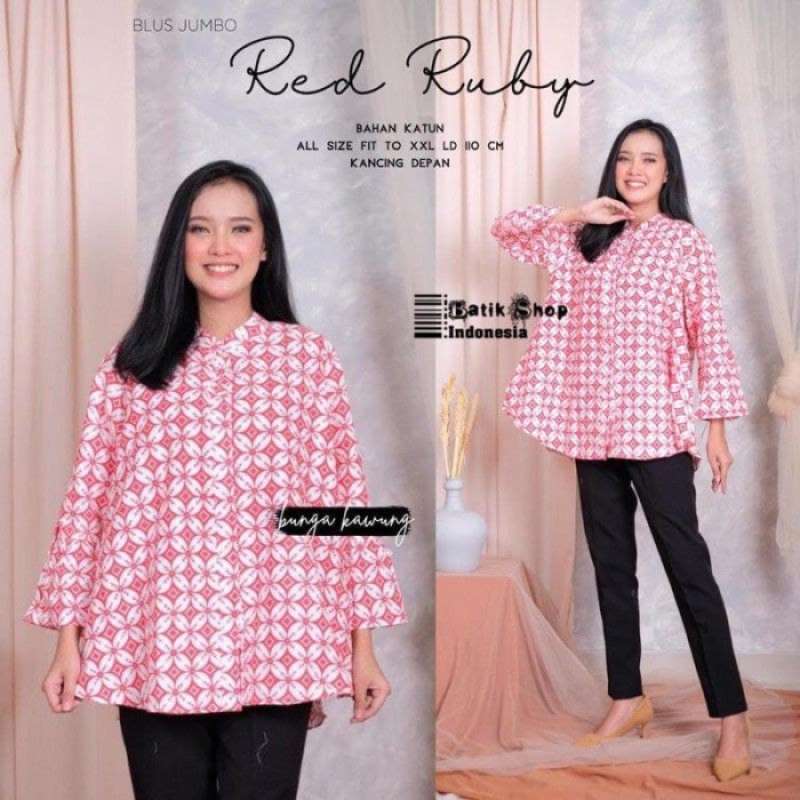 Promo Blus Red Ruby Jumbo Batik Merah Cerah Atasan Kerja Rapat Kantor ...
