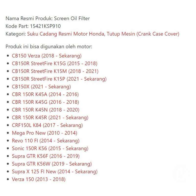 Jual Filter Oli Bawah Verza Cb150r Sonic Supra Gtr Crf150l 15421-ksp ...